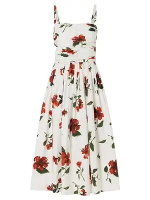 Oscar De La Renta Belted Pleated Floral-print Cotton-blend Poplin Midi Dress - No