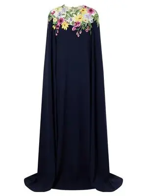 Oscar De La Renta Cape-effect Floral-embroidered Silk-blend Georgette Gown - No