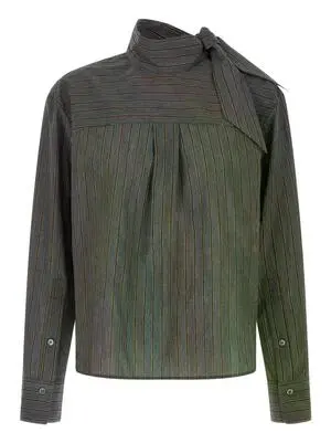TELA Striped Tie-neck Blouse - Grey