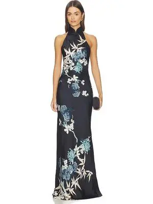 SAU LEE Gillian Satin Gown In Black - Black Multi