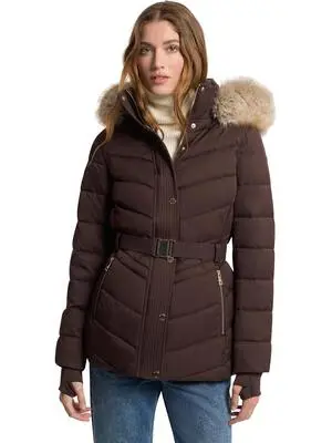 Michael Kors Faux Fur Trim Packable Quilted Puffer Jacket In Size By - Brown