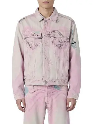 Camper Abstract Print Bleached Denim Jacket With Patch Pockets - Multicolor