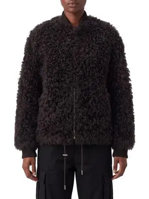 SWORD 6644 Short Sheepskin Bomber Jacket With High Collar And Zip Closure - Black