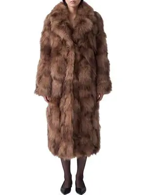 SWORD 6644 Long Single-breasted Faux Fur Coat With A Relaxed Fit - Brown