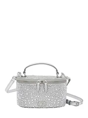 Valentino Garavani Vlogo Signature Mini Bag In Silk Satin With Rhinestones - Silver