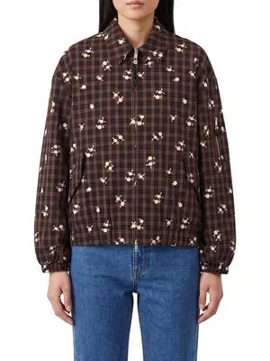 GANNI Check And Floral-embroidered Organic Cotton Bomber Jacket - Brown