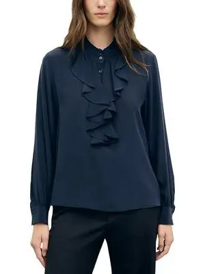 Gerard Darel Loan Silk Ruffle Front Top - Navy