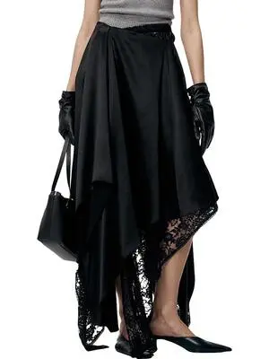 L'EMIUNE Silk Asymmetrical Lace Trim Skirt - Bk