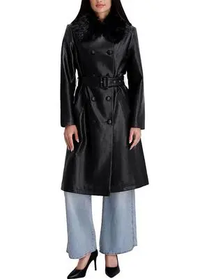 KENNETH COLE Faux Fur Collar Faux Leather Trench Coat - Black