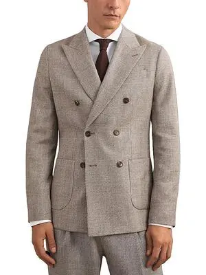 REISS Pinto Double Breasted Wool Blend Herringbone Blazer - Brown
