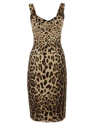 DOLCE E GABBANA Heart-neckline Bustier Midi Dress With Leopard Front Motif In Stretch Silk Blend - Brown