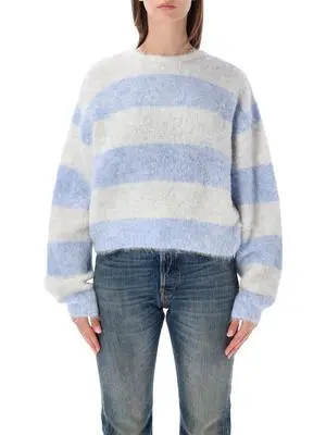 American Vintage Niby Mini Cropped Fluffy Knit Sweater With Crew Neck - White Light Blue