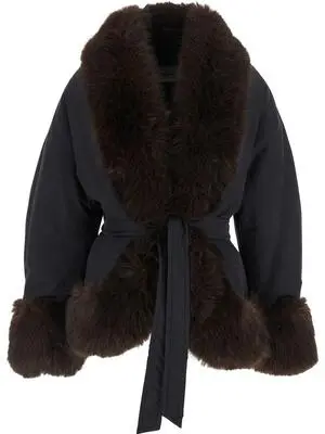 Andamane Brina Faux Fur Tech Fabric Jacket With High Collar And Side Pockets - Black