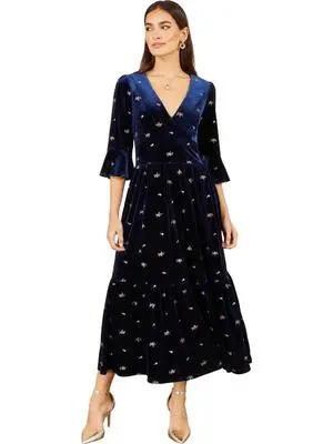 YUMI Velvet Embroidered V-neck Midi Dress - Navy