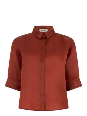 ALBERTA FERRETTI Alberta Ferretti Silk Button-Front Three-Quarter Sleeve Shirt With Classic Collar
