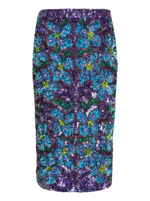 P.a.r.o.s.h Longuette Sequin-embellished Floral-pattern Midi Skirt - Purple