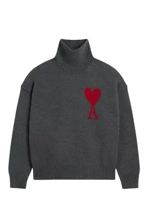AMI Grey Funell Neck Wool Sweater With Ami De Coeur