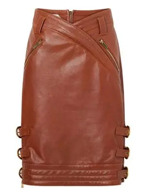 Versace Wrap-effect Buckle-detailed Leather Knee-length Skirt - Brown