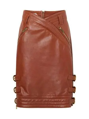 Versace Wrap-effect Buckle-detailed Leather Knee-length Skirt - Tan