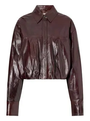 Sportmax Liuti Cropped Gathered Leather Biker Jacket - Dark Brown