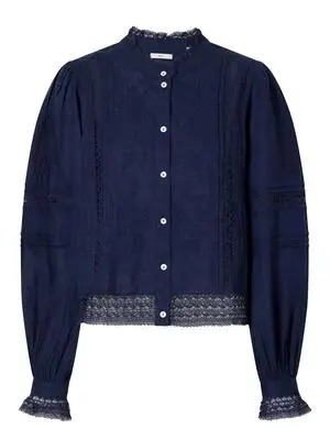 SKALL STUDIO Velina Gathered Floral-embroidered Lace-trimmed Linen-twill Blouse - Navy