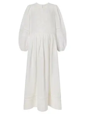 SKALL STUDIO Velina Gathered Floral-embroidered Lace-trimmed Linen Midi Dress - Neutrals