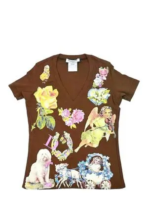 Dior 2005 Romantic Print V-neck T-shirt - Brown