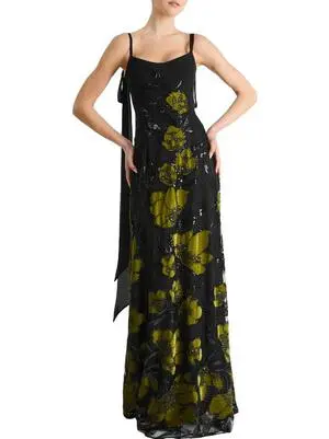 HELSI Dana Sequin Floral Scarf Detail Gown - Black/olive