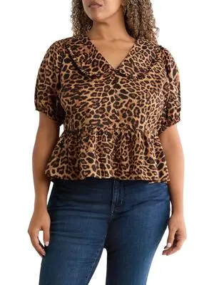 SUGARLIPS Ruffle Chelsea Collar Peplum Top - Leopard