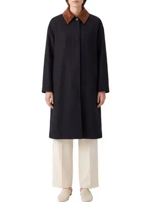 RÓHE Single-breasted Long Coat In Virgin Wool Blend With Velvet Collar - Navy