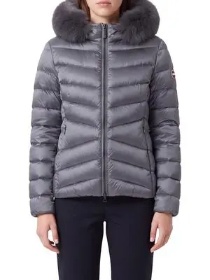 COLMAR Short Quilted Nylon Down Jacket With Shearling Hood - Silver