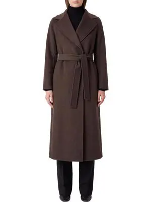 Max Mara Long Wool And Yak Coat With Tie Belt - Brown