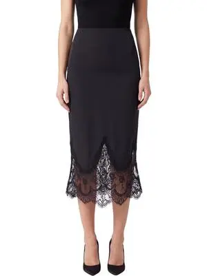 NORMA KAMALI Sable Satin Midi Pencil Skirt With Lace Inserts