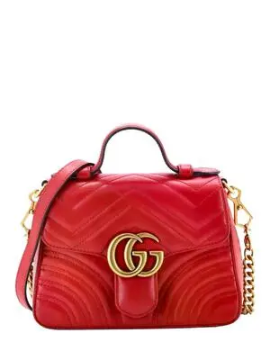 Gucci Gg Marmont Top Handle Flap Bag Matelasse Leather Mini Satchel - Red