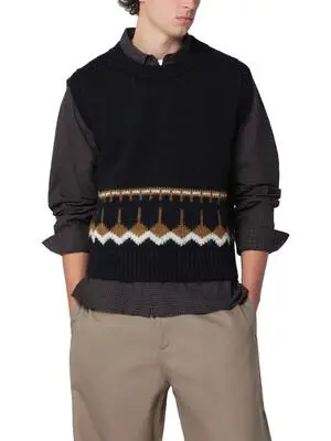 You Must Create Navy Wool Vest With Geometric Jacquard Pattern - Blue