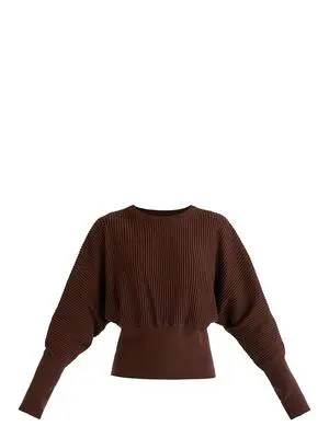 PAISIE Ribbed Batwing Sleeve Knit Top With Fitted Waist In
