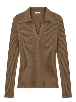 JOSEPH Collared Rib Merino-wool Blend Polo Top - Sable