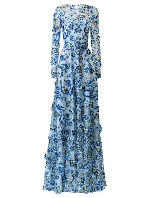 Naeem Khan Textured Floral Lace Gown - Turquoise