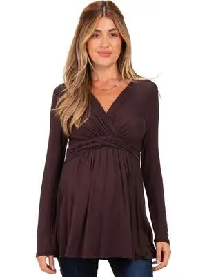 PINKBLUSH Long Sleeve Draped Front Nursing Top - Brown