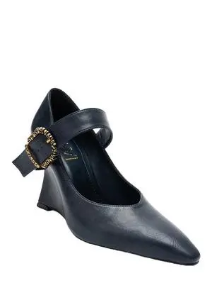 PROLOGUE SHOES Lyons Buckled Wedge Pump - Navy