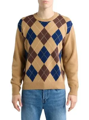 DUNST Gender Inclusive Argyle Wool Crewneck Sweater Camel Beige