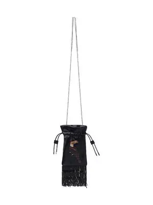 Farm Rio Mini Fringed Satin Bucket Bag - Black