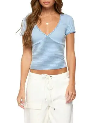 EDIKTED Yanel Striped V-neck T-shirt - Light-blue