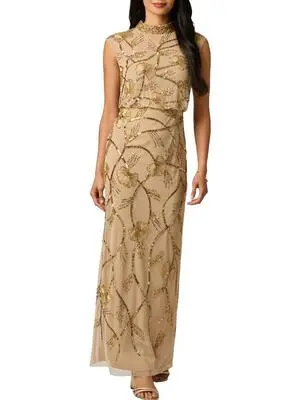 ADRIANNA PAPELL Beaded Mock Neck Sleeveless Gown