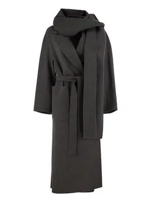 Max Mara Smmpeonie Pure Virgin Wool Coat With Integrated Scarf - Brown