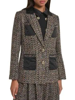 Karl Lagerfeld Paris Quilted Accent Tweed Jacket - Black Multi