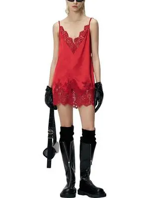 L'EMIUNE Silk Lace Trim Mini Slip Dress - Rd