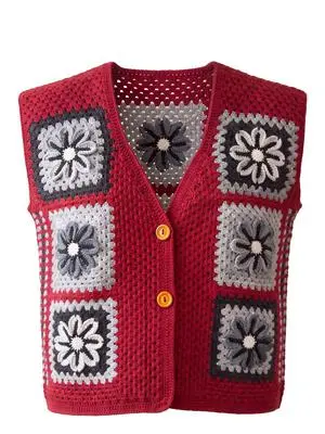ANA CHIC Daisy Granny Square Handmade Crochet Waistcoat - Red