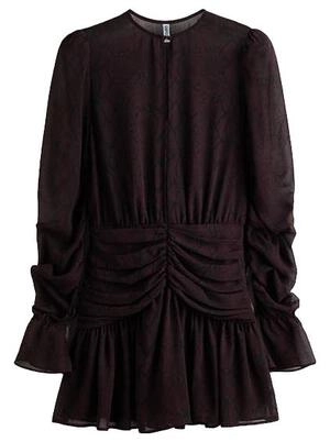 H&M Ruched Chiffon Dress - Dark Brown/patterned