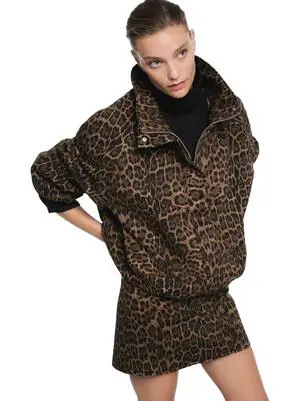H&M Oversized Funnel-collar Jacket - Beige/leopard Print